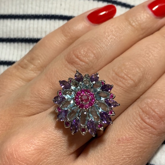 Jewelry | Multicolor Gemstone Flower Ring Silver | Poshmark